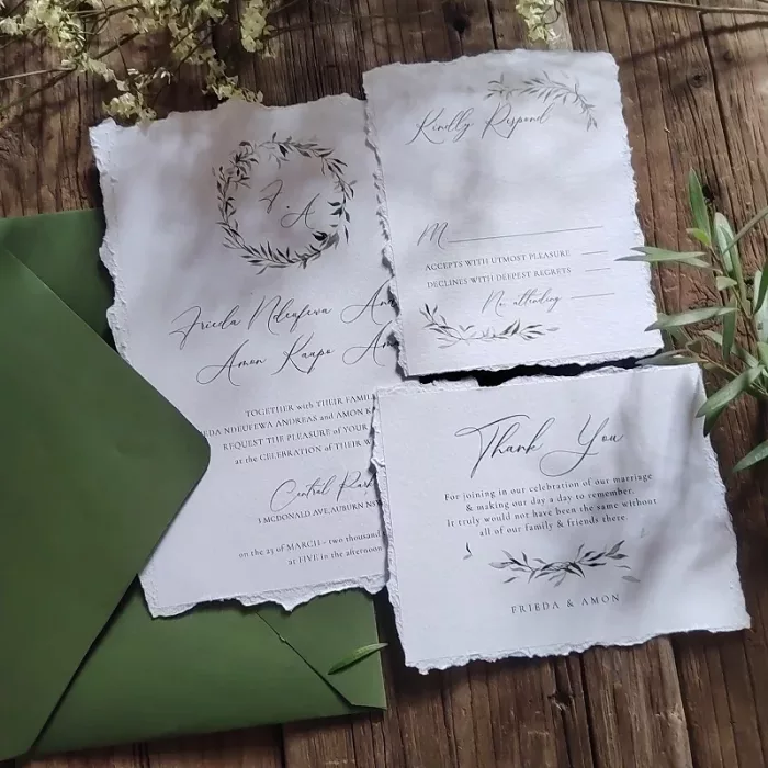 Handtorn Deckled Edge 300gsm Cotton Paper Invitations Suite ...